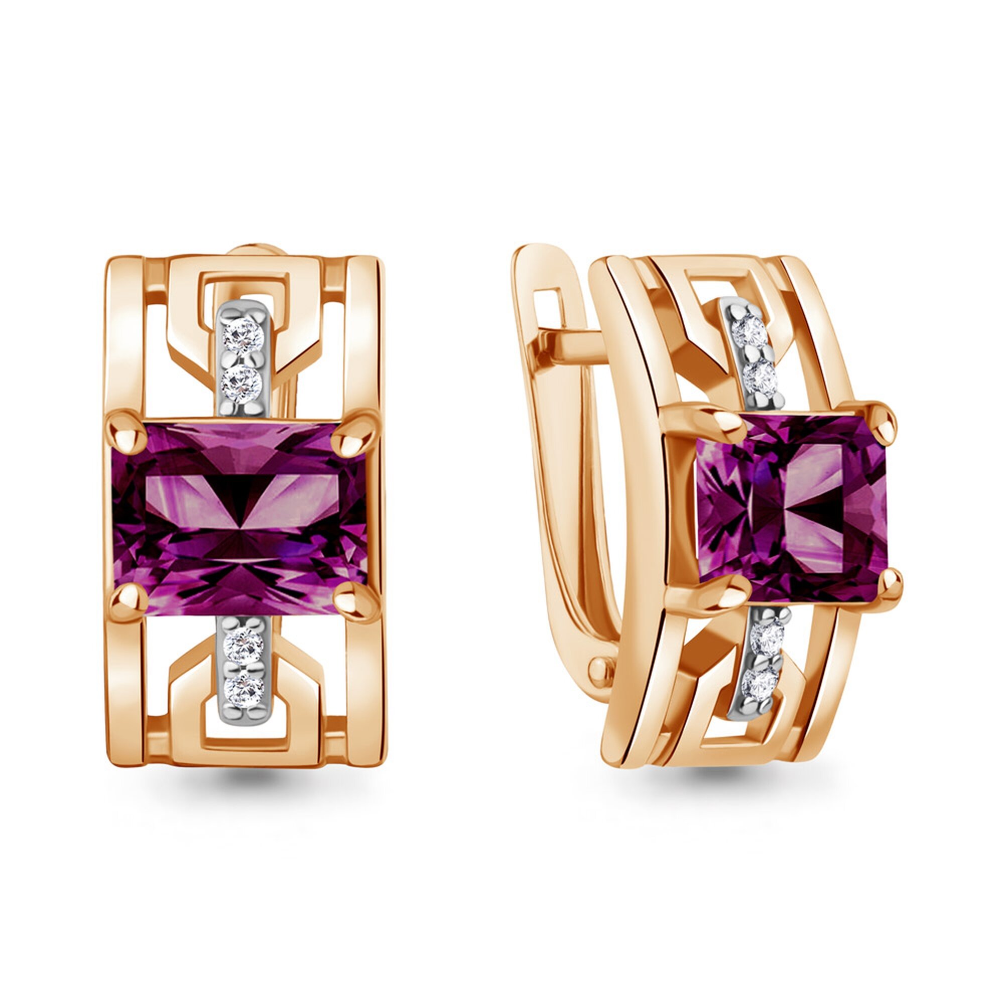 Серьги, серебро, 925 проба, золочение, фианит, аметист