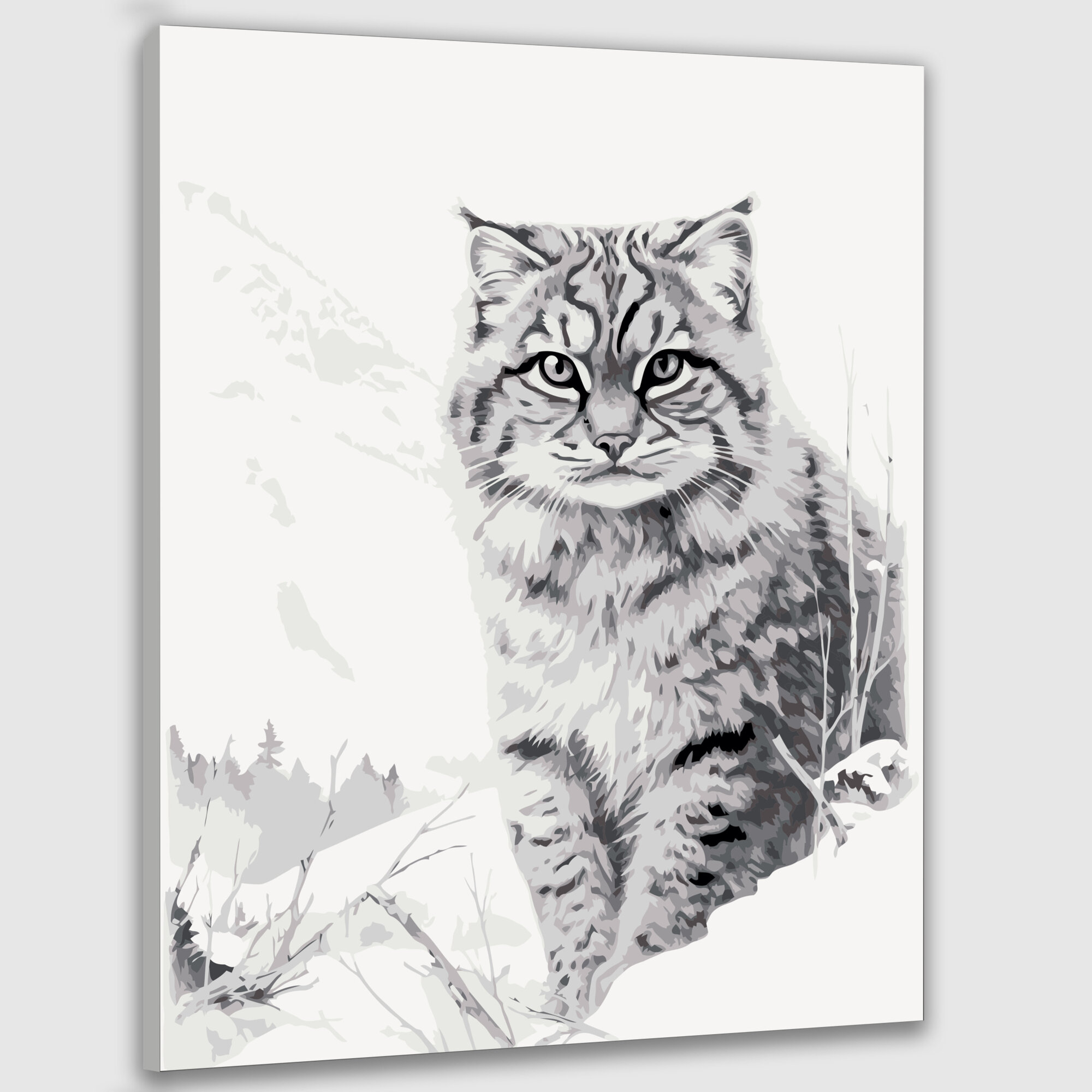 Картина по номерам 40x50 см, манул, графитовый набросок, пушистый мех, заснеженная местность, Сибирь, дикая природа