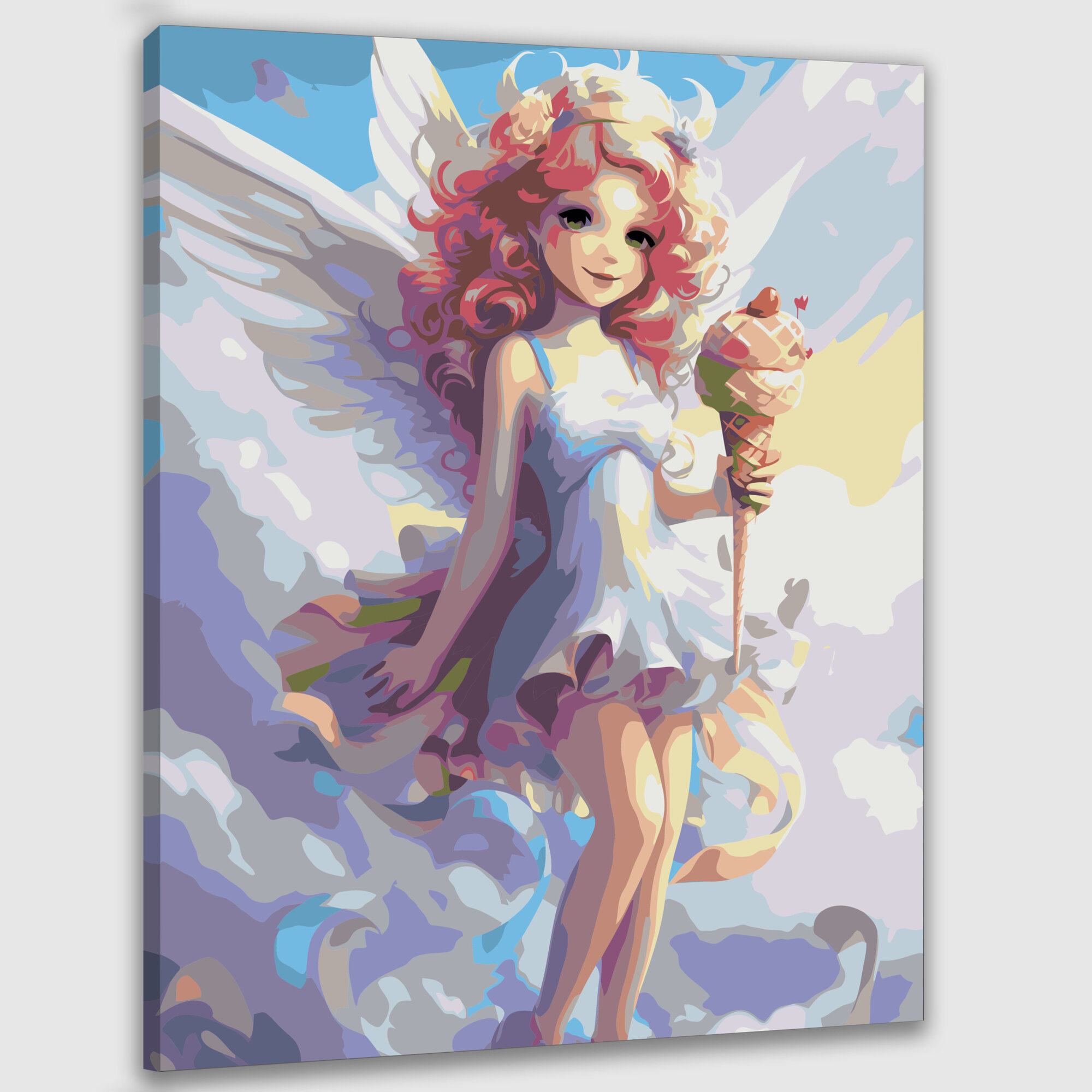 Картина по номерам 40x50 см, фея, крылья, пастельные тона, рожок мороженого, вихрь вкусов, облака из сахарной ваты