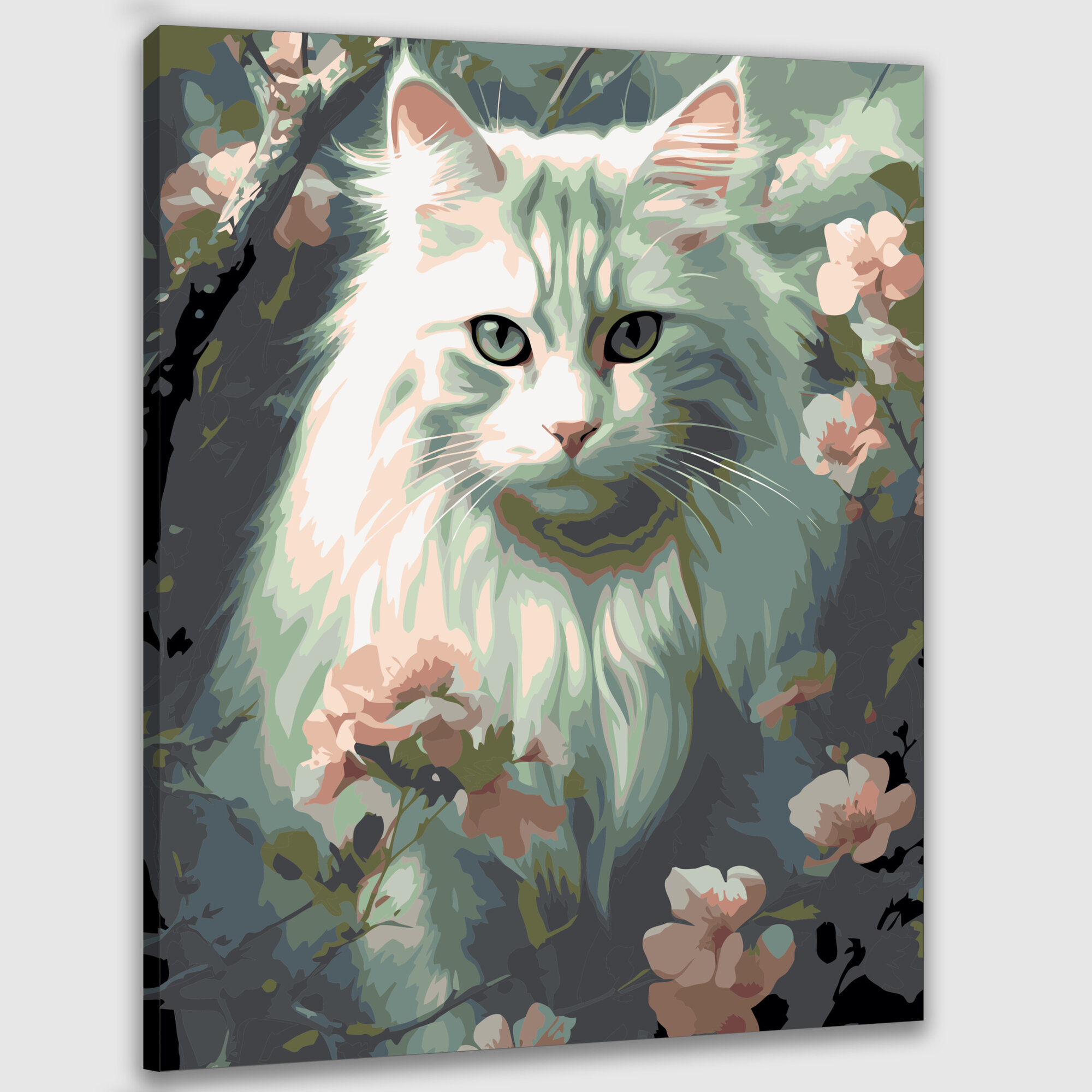 Картина по номерам 40x50 см, кошка, мейн-кун, элегантность, шерсть, зеленые глаза, сад, цветы, бабочки