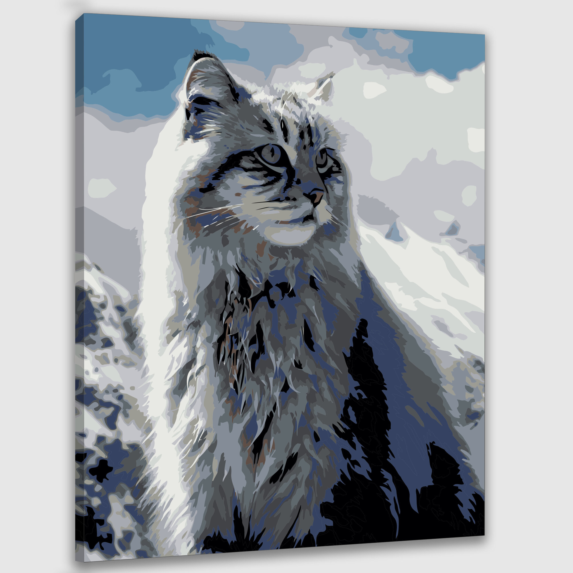 Картина по номерам 40x50 см, Манул, снежные просторы, заснеженная вершина, зимний пейзаж, синие и белые тона, глубина