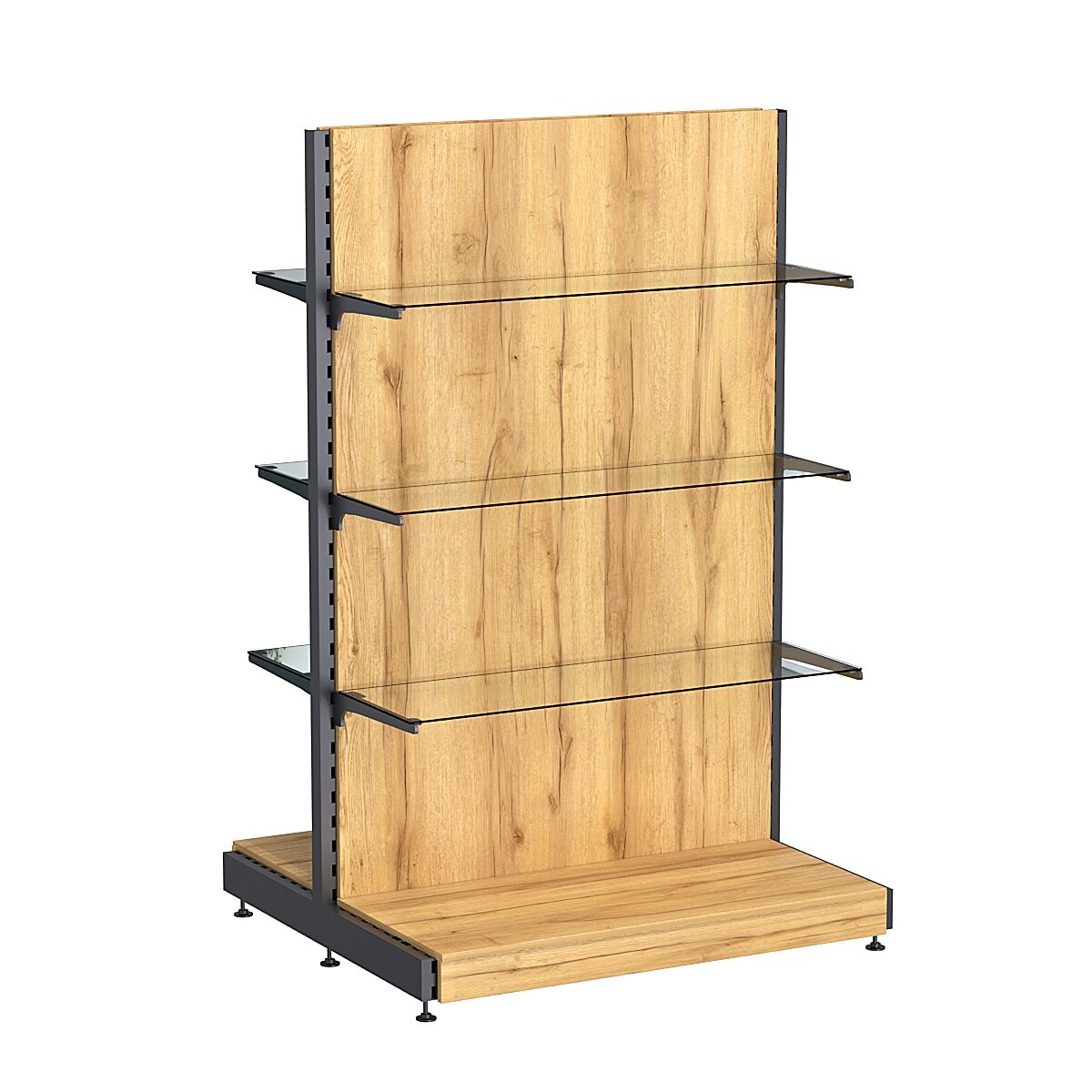 Стеллаж торговый металлический островной с наполнением ЛДСП "графф" №8-1.65-1С с полками из стекла, Дуб Золотистый