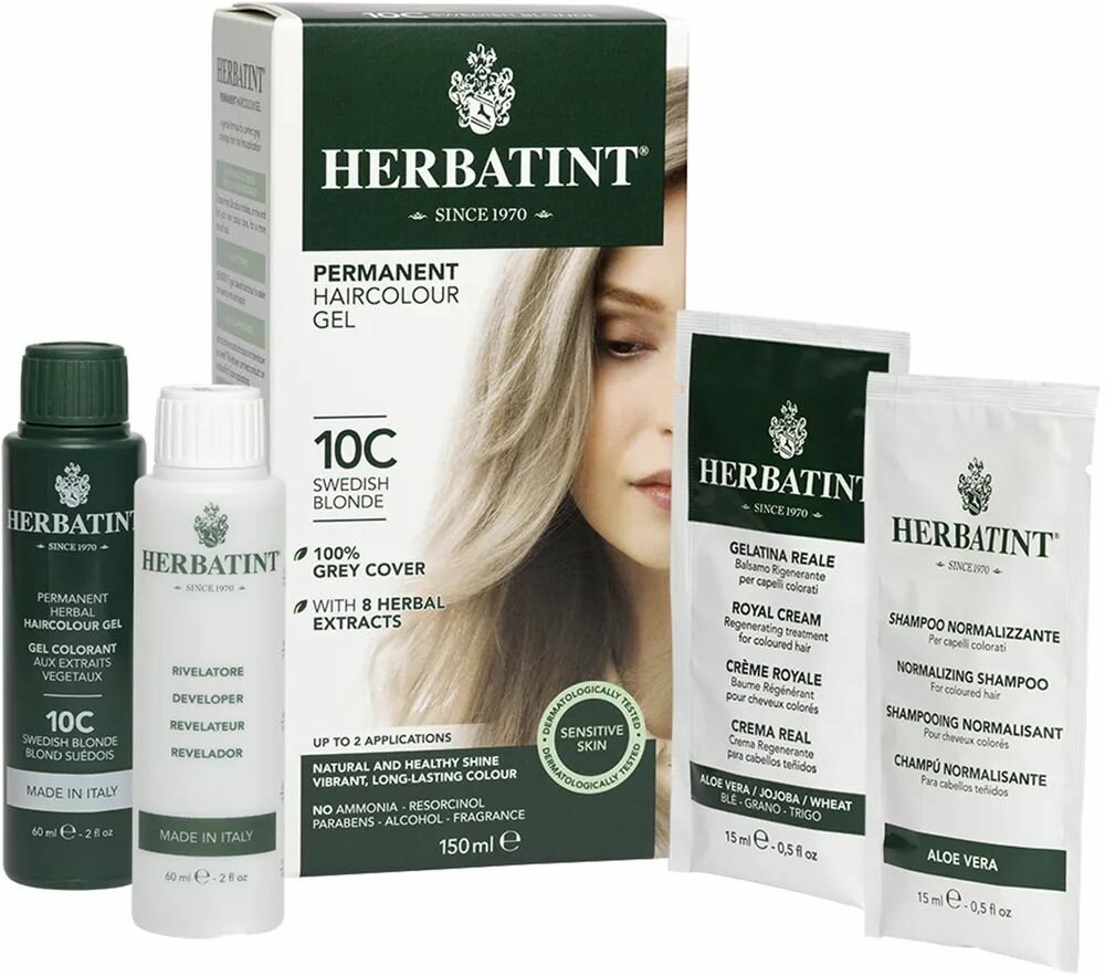 Гель-краска для волос без аммиака с экстрактами натуральных растений тон 10С шведский блондин HERBATINT, 150 мл