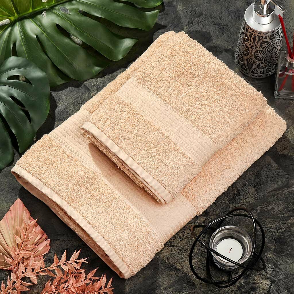 Банное полотенце Вышневолоцкий текстиль 50х90 см, 100% хлопок, 375 г/м2, жаккардовый бордюр, бежевое, РФ