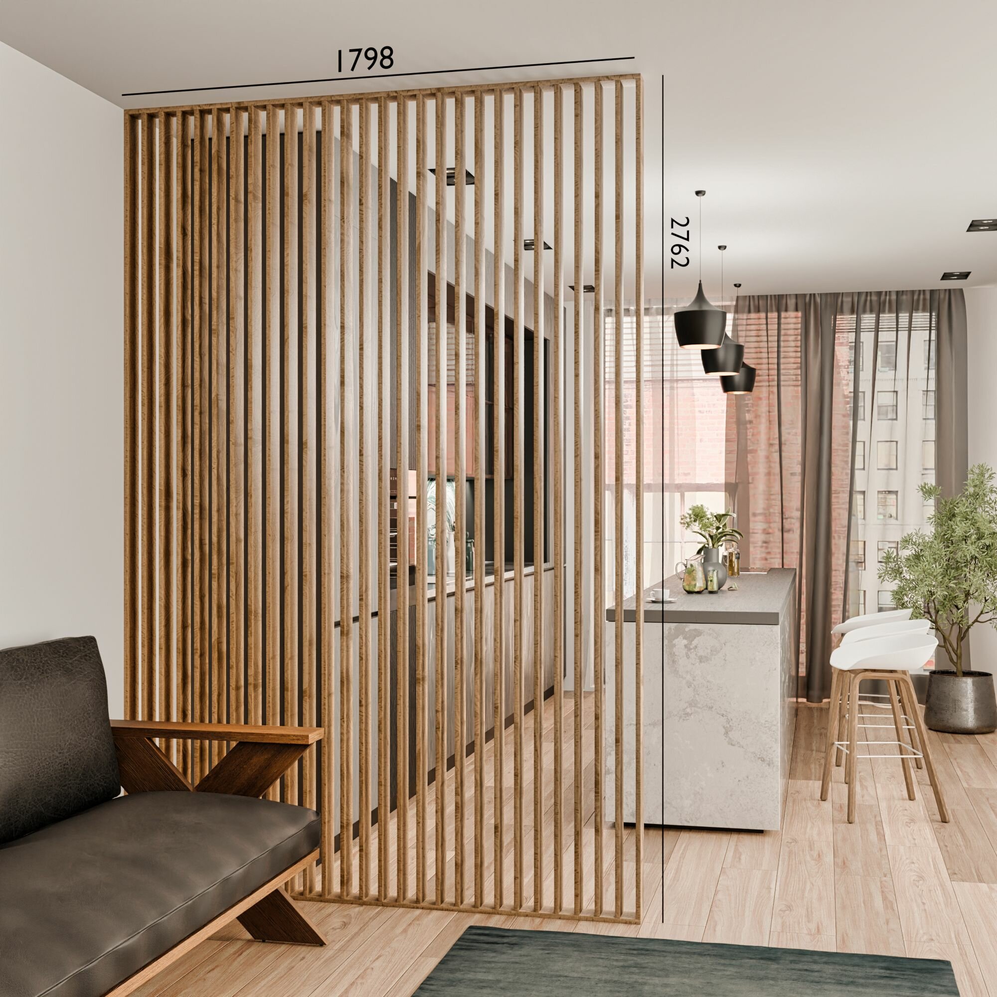 Реечная перегородка для зонирования 1798 мм, 16х80мм, дуб вотан