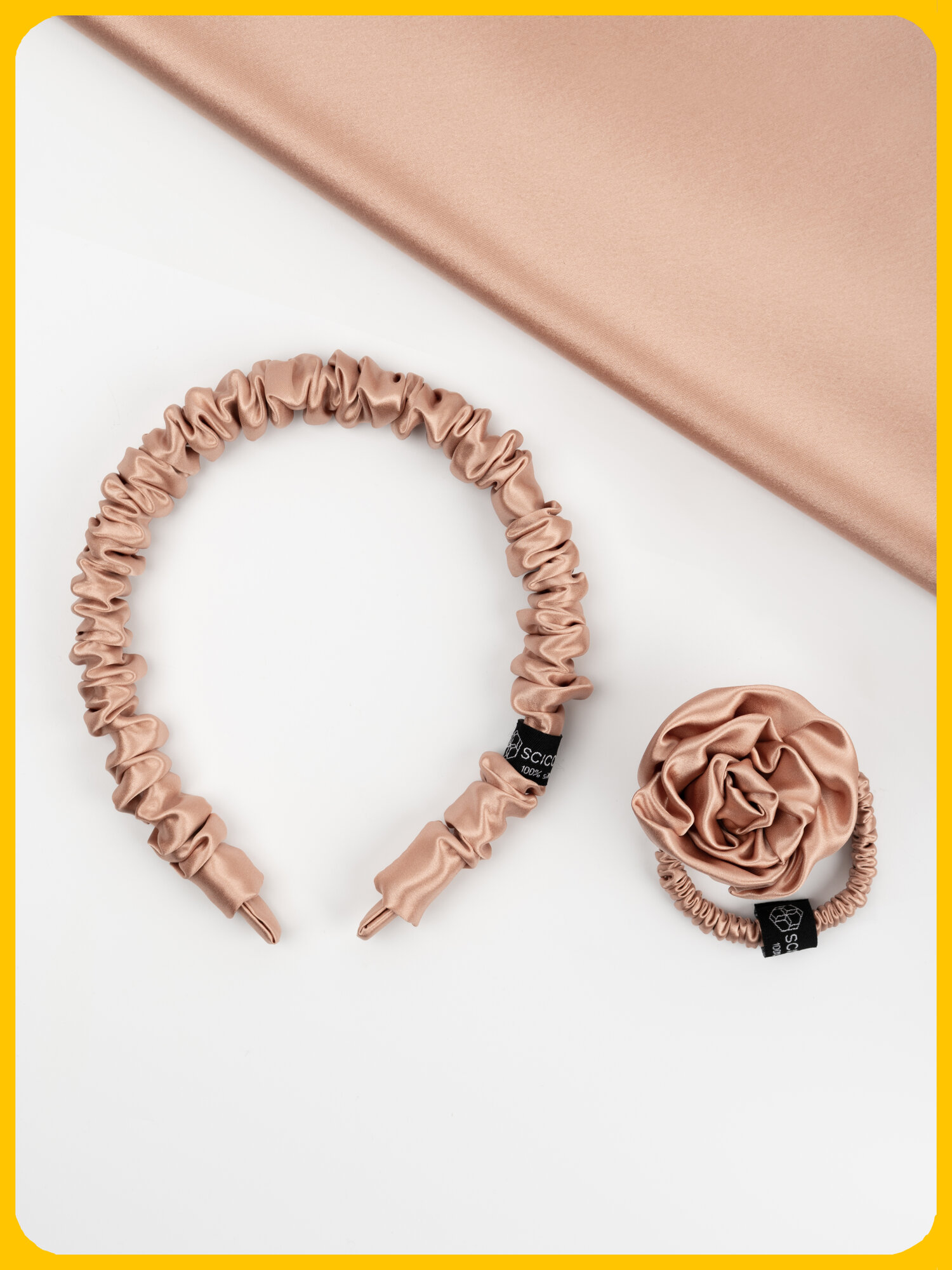 100% натуральный шелк 22 момми/Набор: ободок и резинка для волос с цветком/пудровый цвет