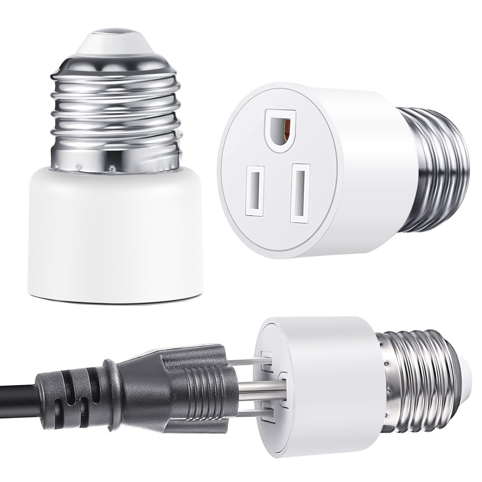 Адаптер розетка для светового сокета E26/E27 с 3-контактным разъемом, полярный screwed-in розеточный адаптер для светового сокета, адаптер розетки для светового лампочки с 3 контактами, совместимый с преобразованием 2/3 контактов, для крыльца, террасы,