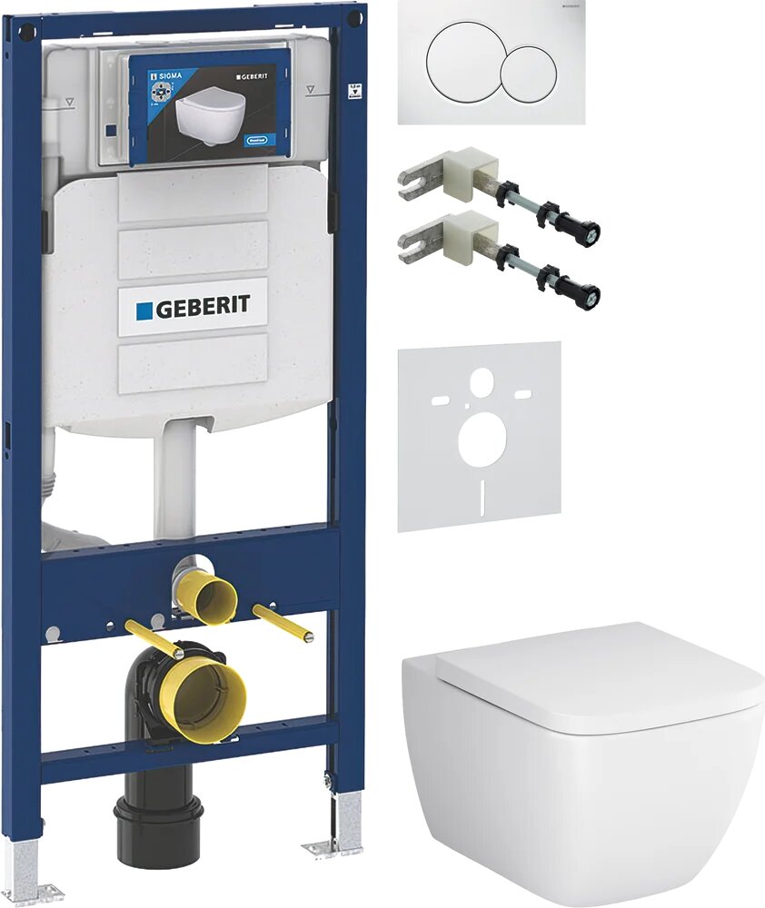 Комплект Унитаз подвесной AM.PM Gem C901701SC безободковый, с микролифтом / Крепления к стене / Шумоизоляция, Инсталляция UP 320 111.300.00.5, Кнопка Sigma белая