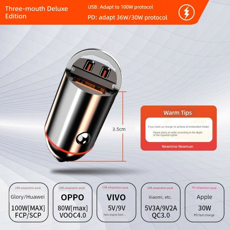 Трехпортовое автомобильное зарядное устройство с 100Вт USB, 36Вт PD, 30Вт PD, цинковый сплав корпус для быстрой зарядки