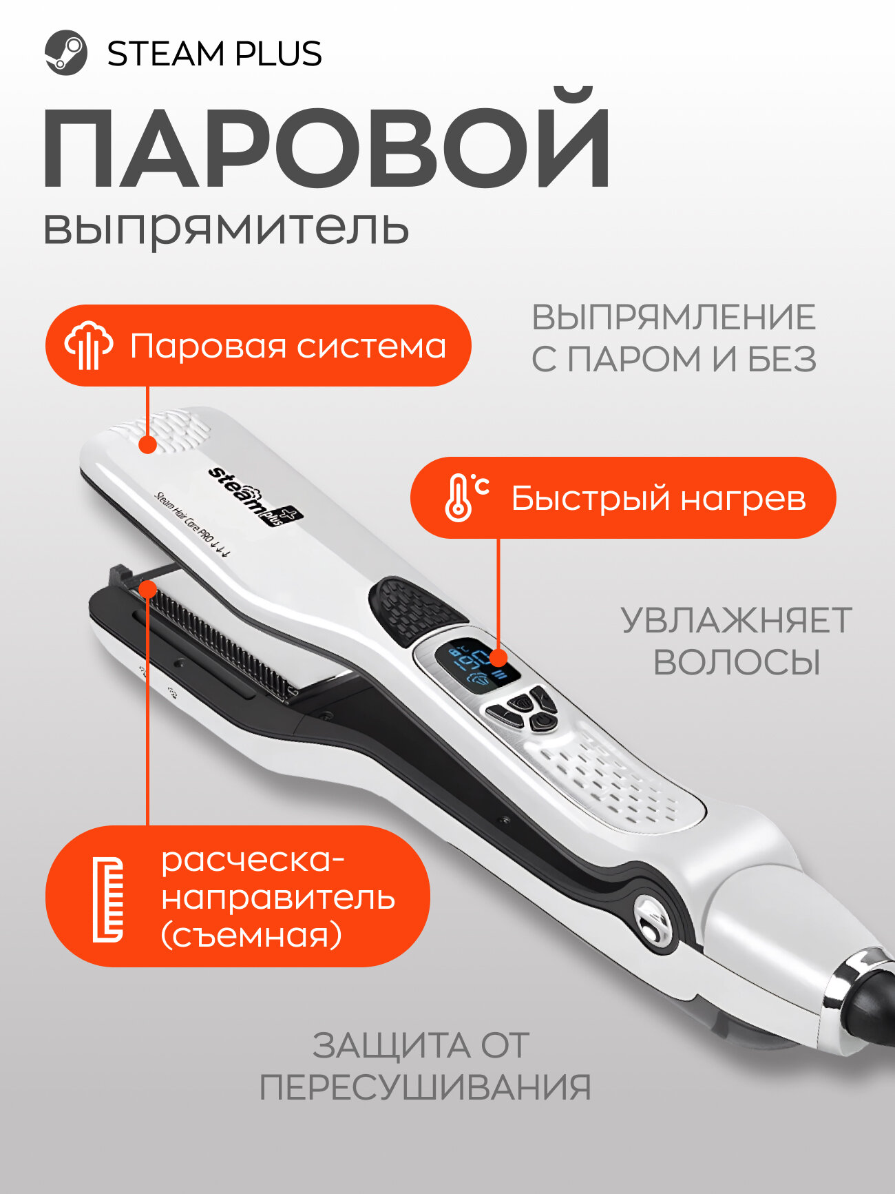 Выпрямитель для волос Steam Plus , пароувлажнение, 5 температурных режимов, титановое покрытие, белый