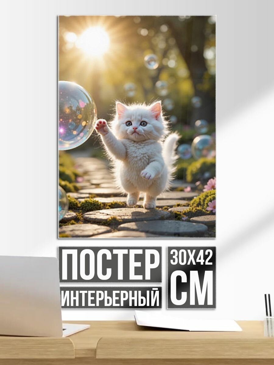 Постер на стену Белый котенок с цветами и мыльные пузыри