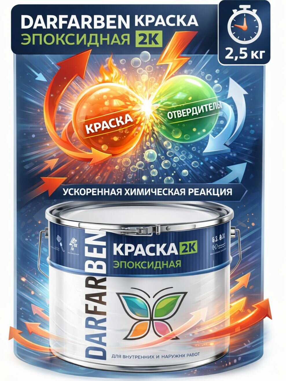 Эпоксидная краска по металлу, бетону, дереву двухкомпонентная DARFARBEN сиреневая 2.5 кг