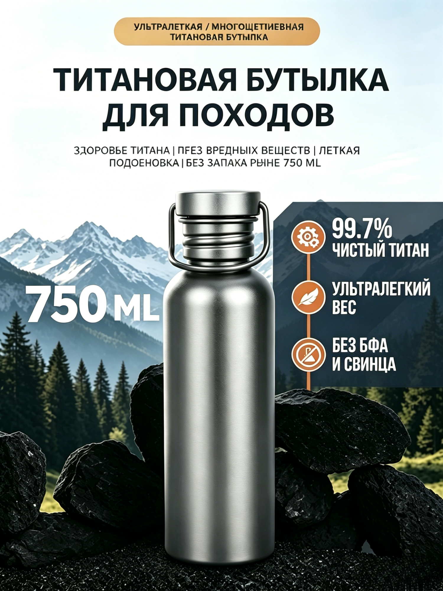Бутылка из чистого титана 750 мл, для спорта и туризма, лёгкая, безопасная