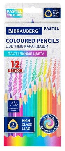 Карандаши цветные BRAUBERG PASTEL, 12 пастельных цветов, трёхгранные, грифель 3 мм, 181850