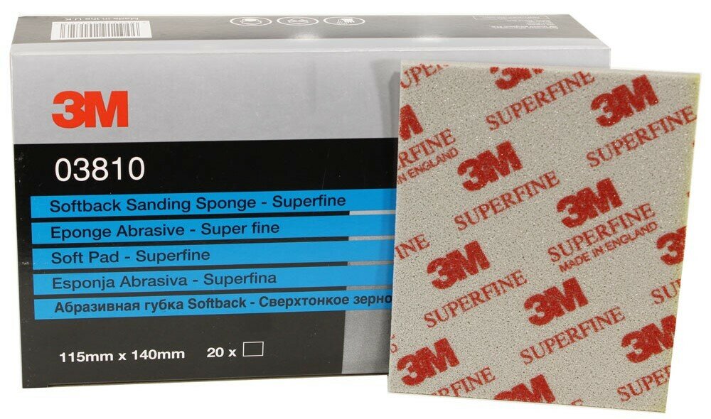 Абразивная шлифовальная губка 3M™ Superfine арт. 03810 с сверхтонким зерном P400-500, 115x140 мм, для сухой шлифовки грунта-наполнителя, 20 шт.