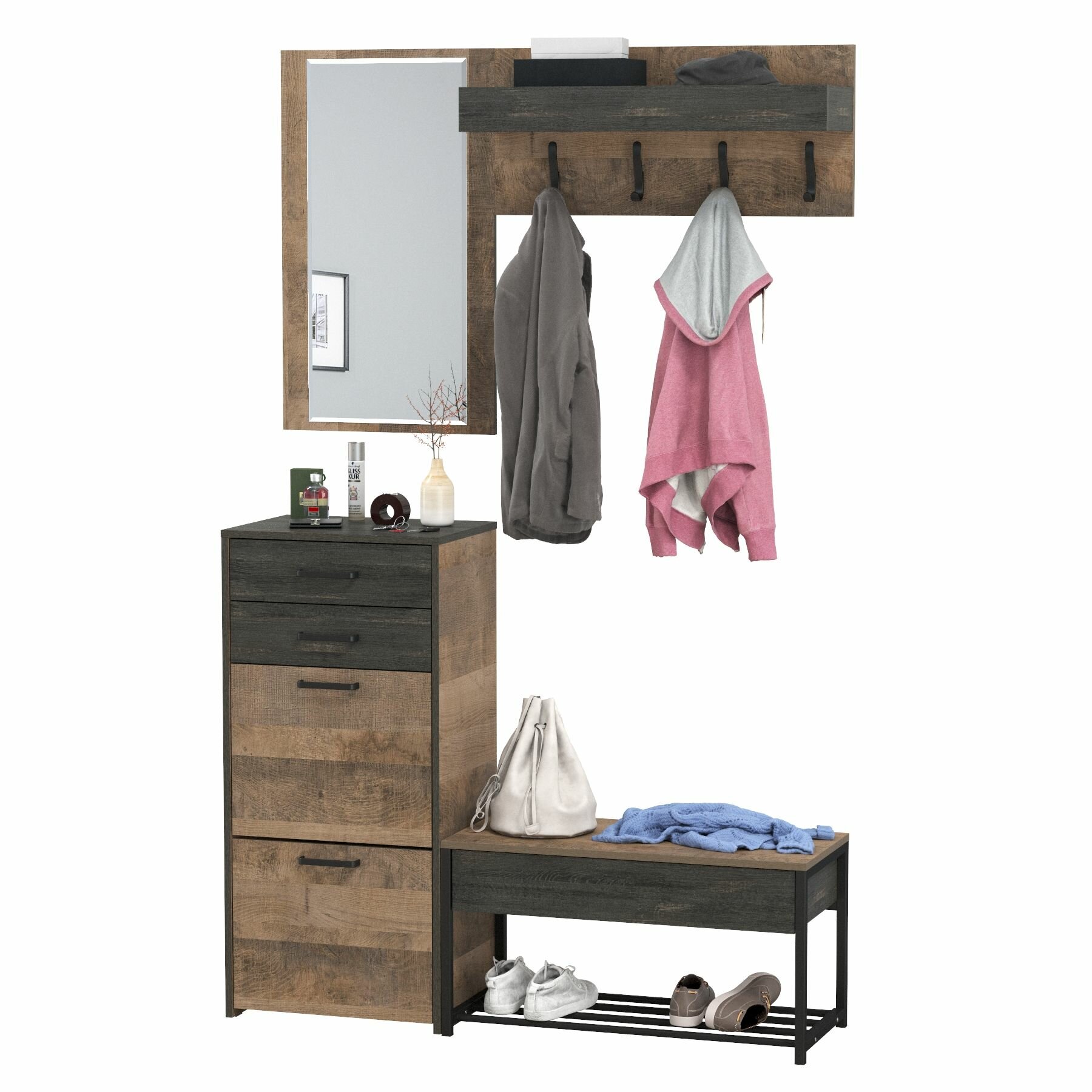 Обувница с сиденьем и обувница высокая с вешалкой и зеркалом Трувор, цвет дуб гранж песочный/интра, ШхГхВ 130х37х195 см.