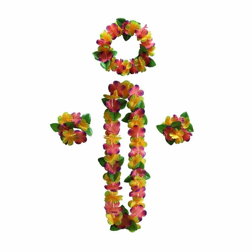 Гавайский набор Хула - 4 (лея, венок, 2 браслета), гавайская вечеринка
