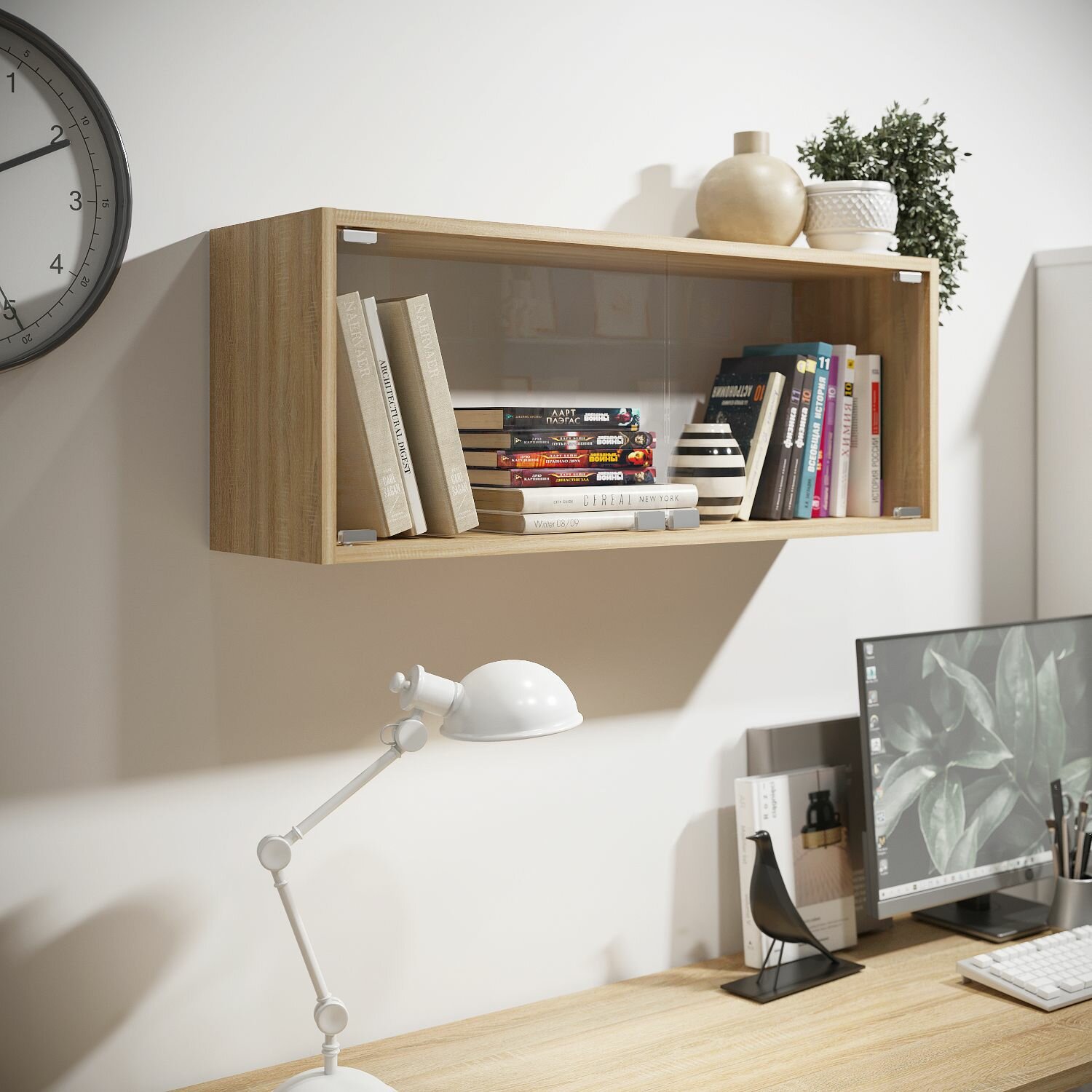 Полка настенная для книг со стеклом Ш90*В35*Г25 см (сонома)