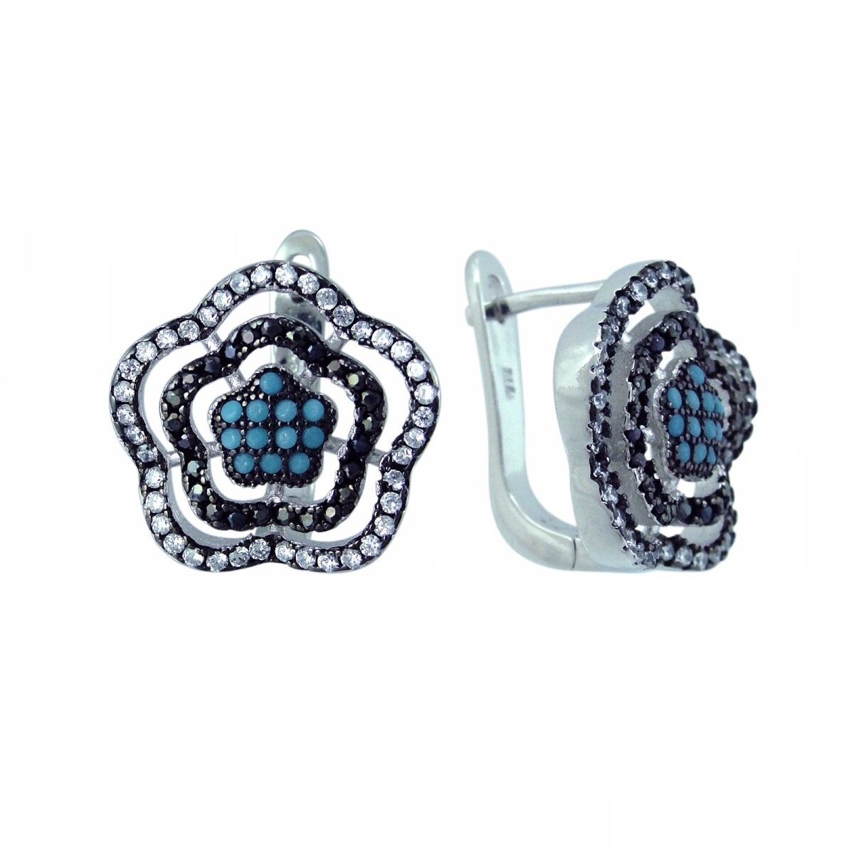 Серьги, серебро, 925 проба, родирование, фианит, бирюза