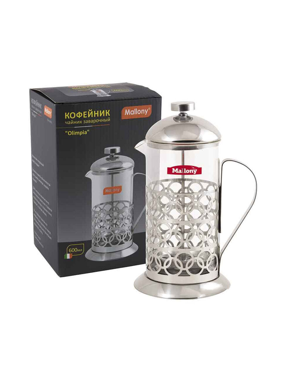 Чайник-кофейник с прессом "Mallony" Olimpia, 600 мл, стекло/нержавеющая сталь