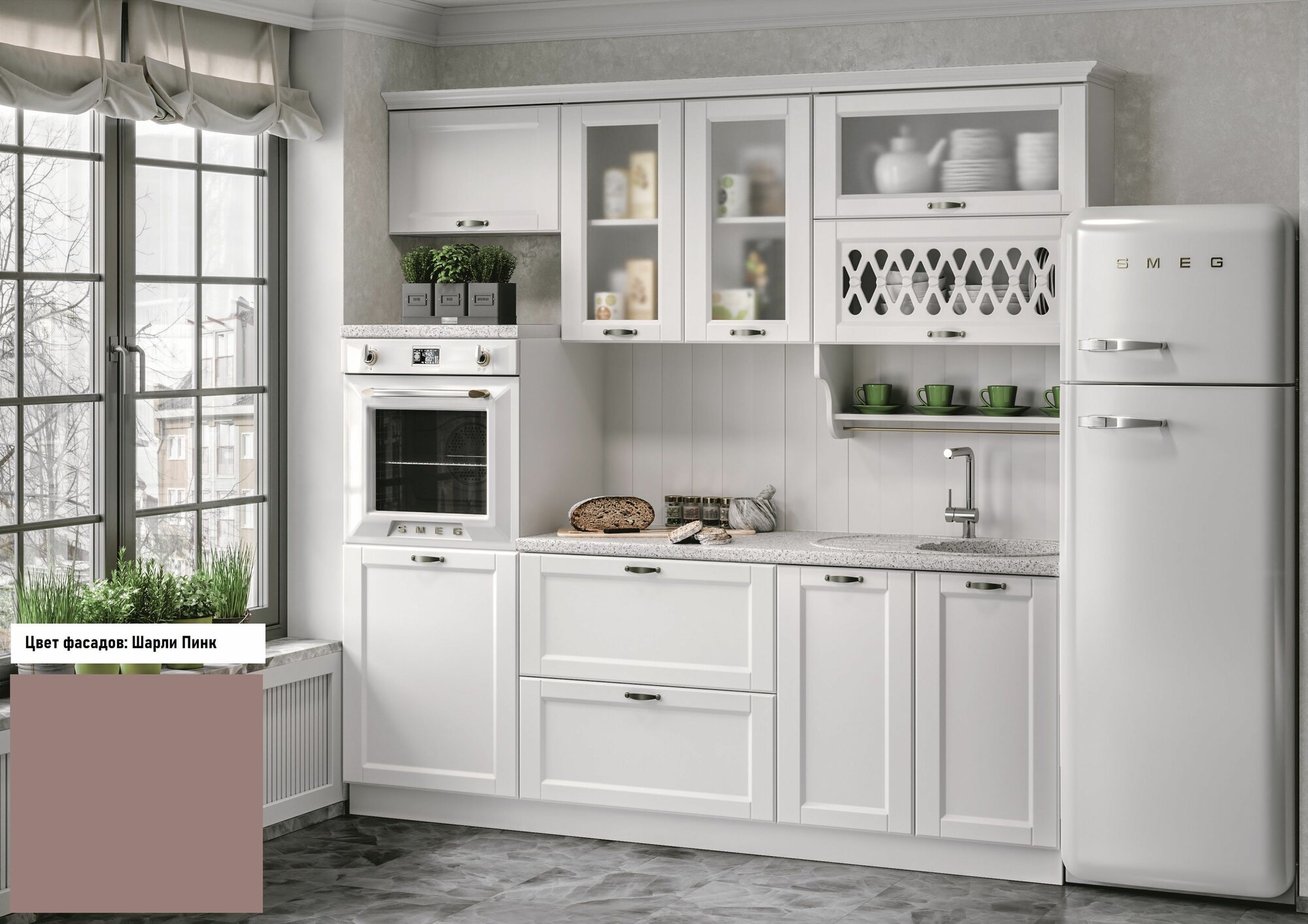 Кухня Милано Белый_Шарли Пинк_2,2 м_