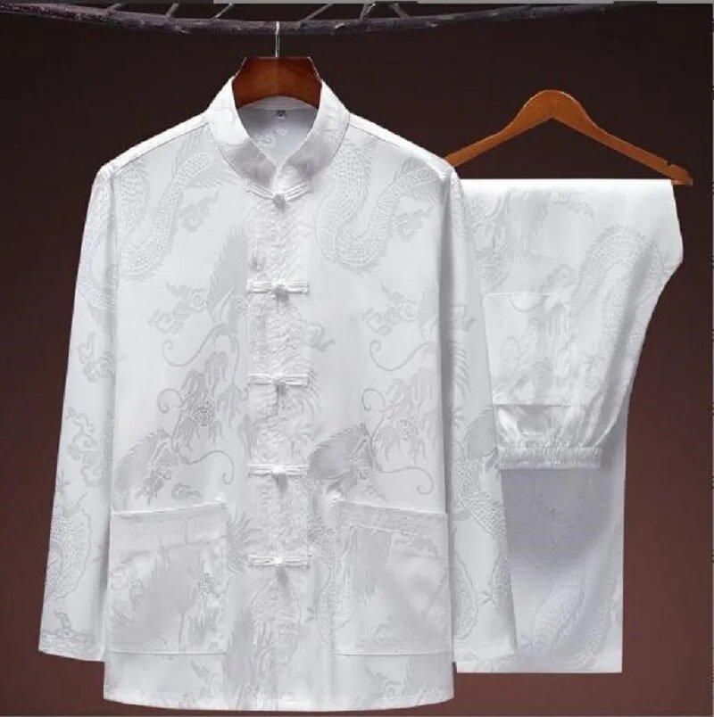 Мужской шелковый атласный костюм кунг-фу Белый, XL, белый