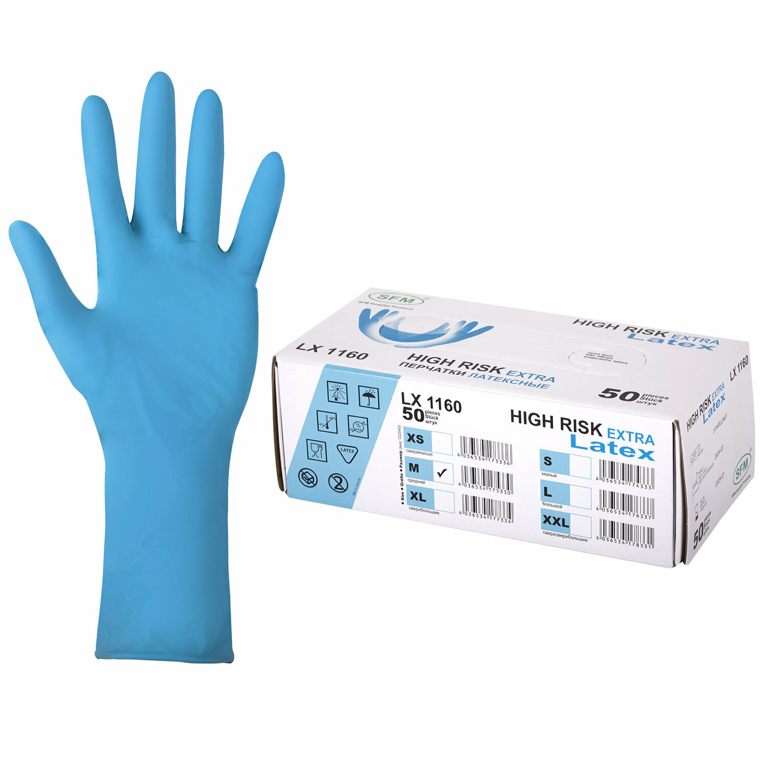Перчатки латексные смотровые сверхпрочные SFM HIGH RISK LX 1160, Германия, 25 пар (50 штук), размер 7-8, M (средний)