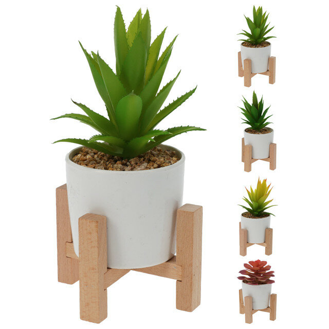 Искусственное растение суккулент в горшке на дер. подставке 16 см цвет в ассортименте 1 шт