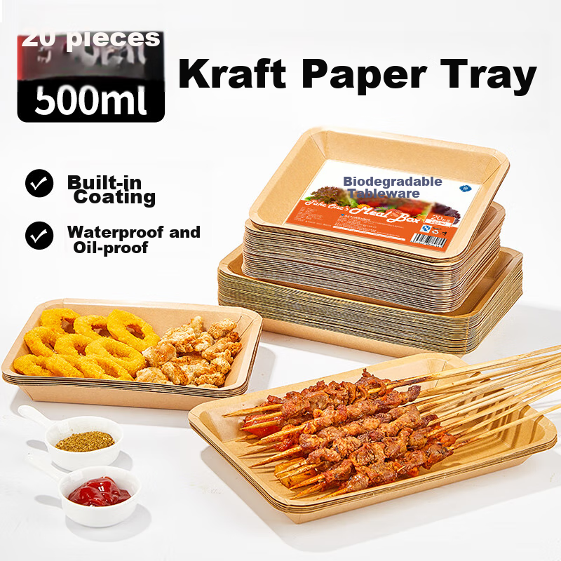 SHUANG YU Biodegradable Disposable Plates, 500ml*20 Pieces, Kraft Paper Plates, Barbecue Trays, Dining Plates, Snack And Fruit Plates