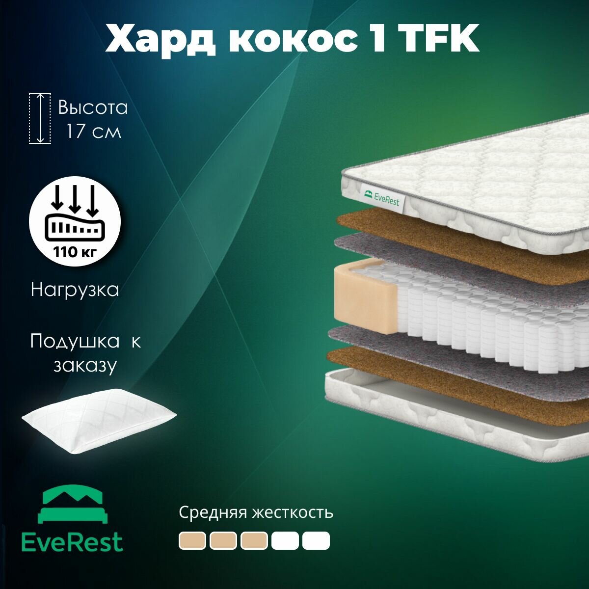 Матрас EveRest Хард кокос 1 TFK 80х200 высота 17 см анатомический средней жесткости кокосовый Независимые пружины