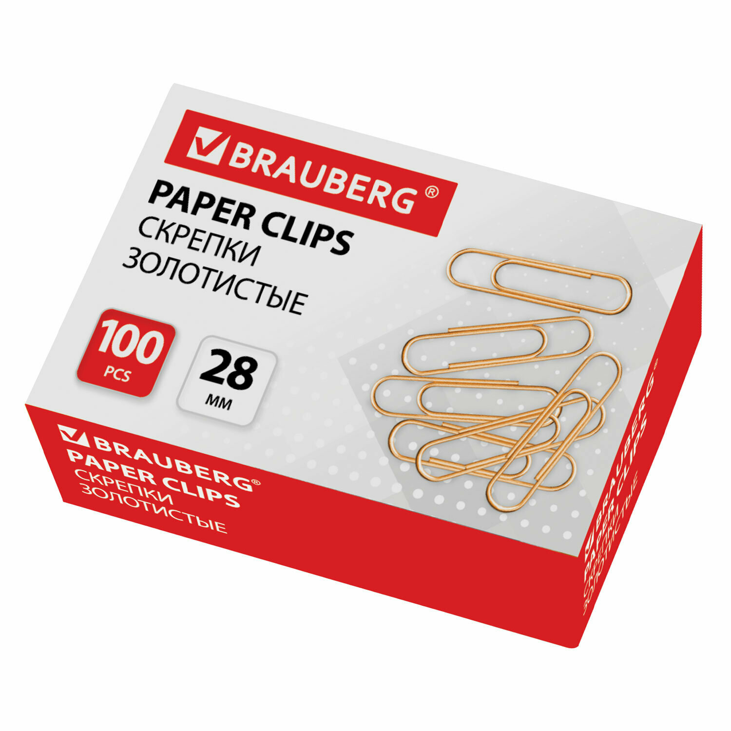Скрепки BRAUBERG, 28 мм, золотистые, 100 шт, в картонной коробке, 221529