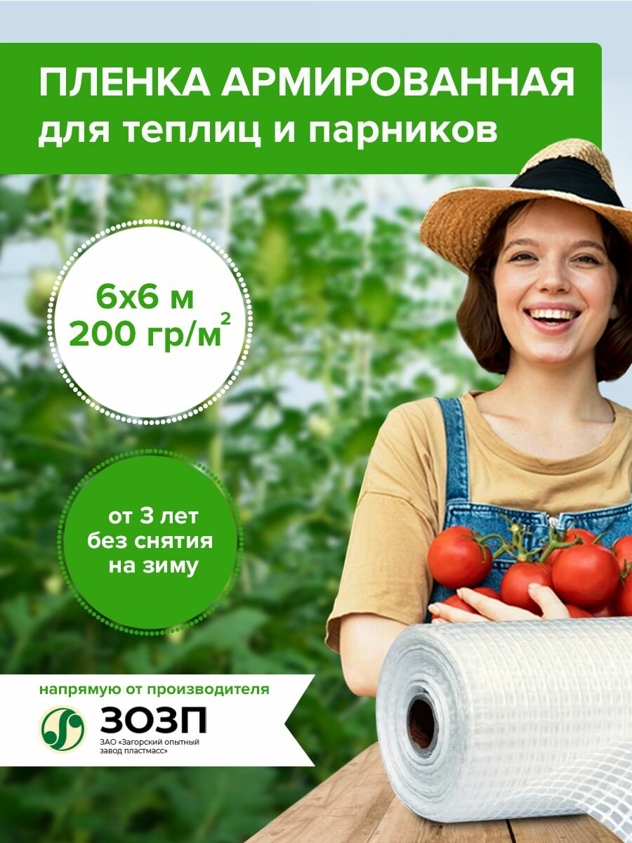 Пленка армированная 200 гр/кв. м, 6х6 м, для теплиц и парников, навесов, строительства, гидроизоляции