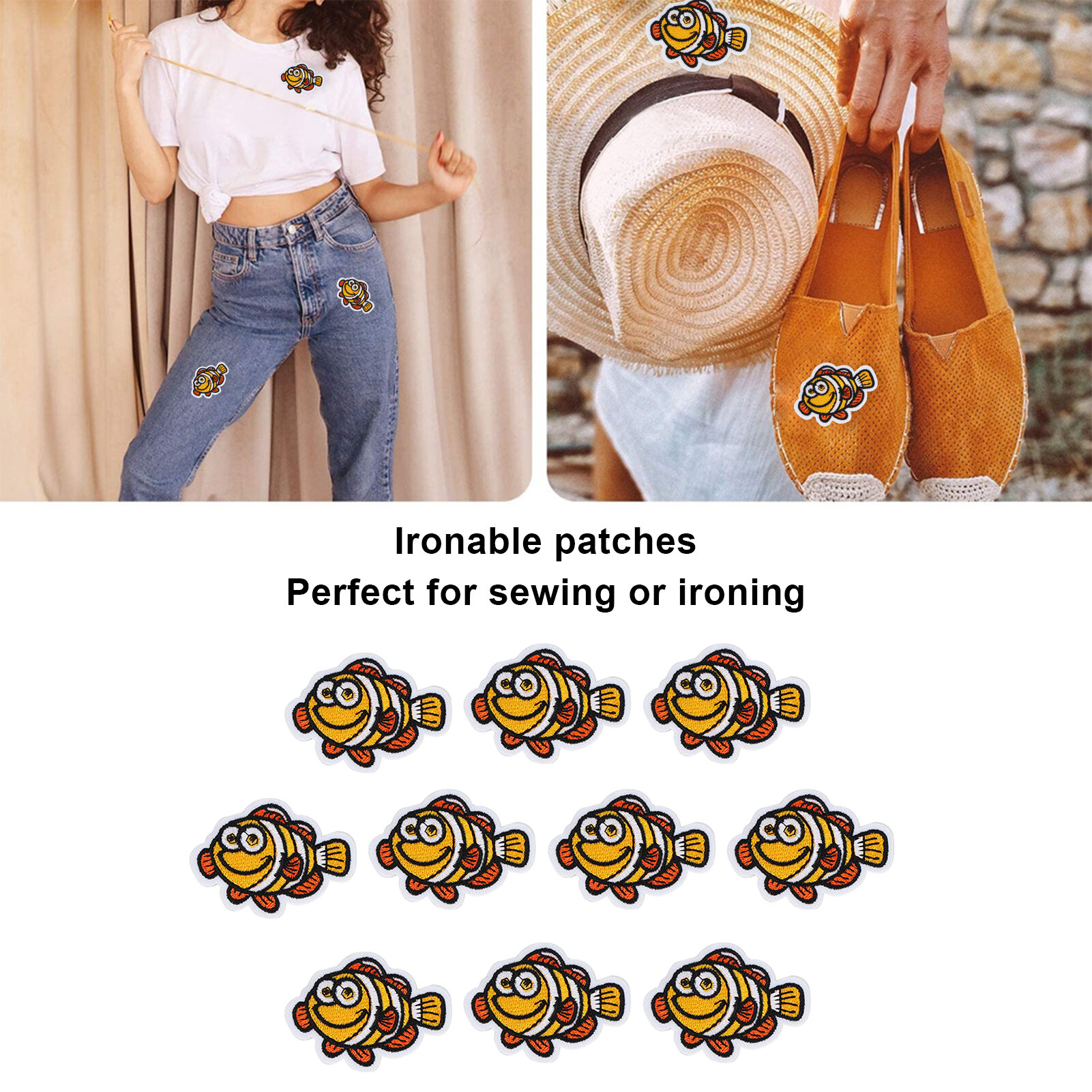 10 шт. железные заплатки, клейкие тканевые наклейки, ремонтные отверстия, украшение «сделай сам», морские животные, вышивка, маленькая желтая рыбка