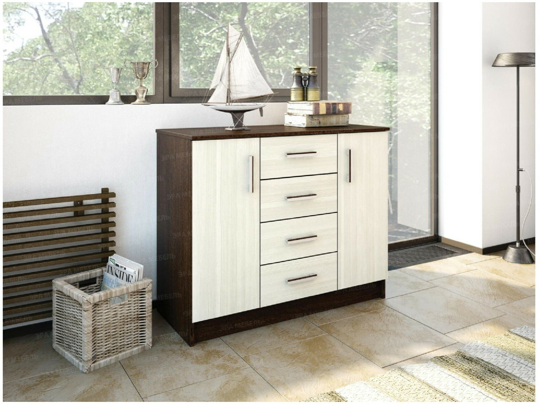 Комод с 4-мя ящиками и 2-мя дверьми, современный, Венге/лоредо