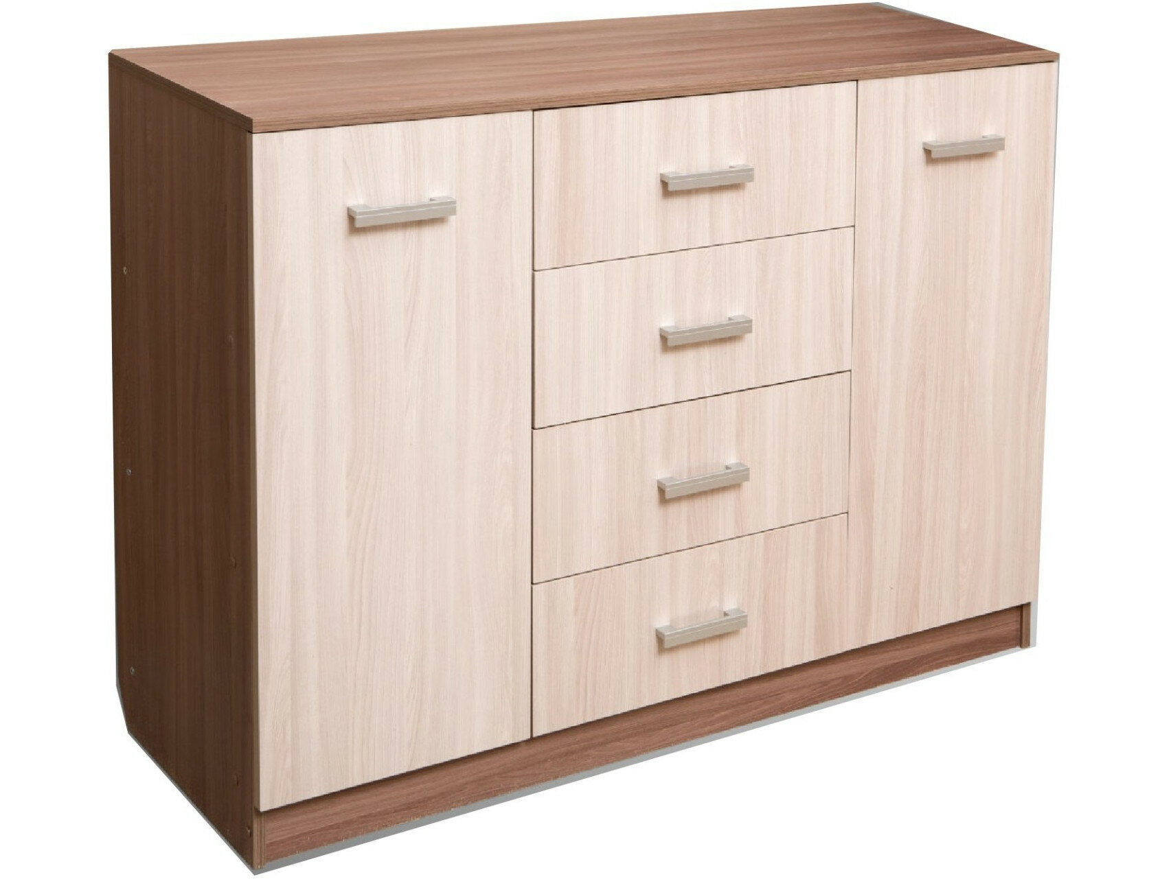 Комод с 4-мя ящиками и 2-мя дверьми, современный, Ясень шимо темный/светлый