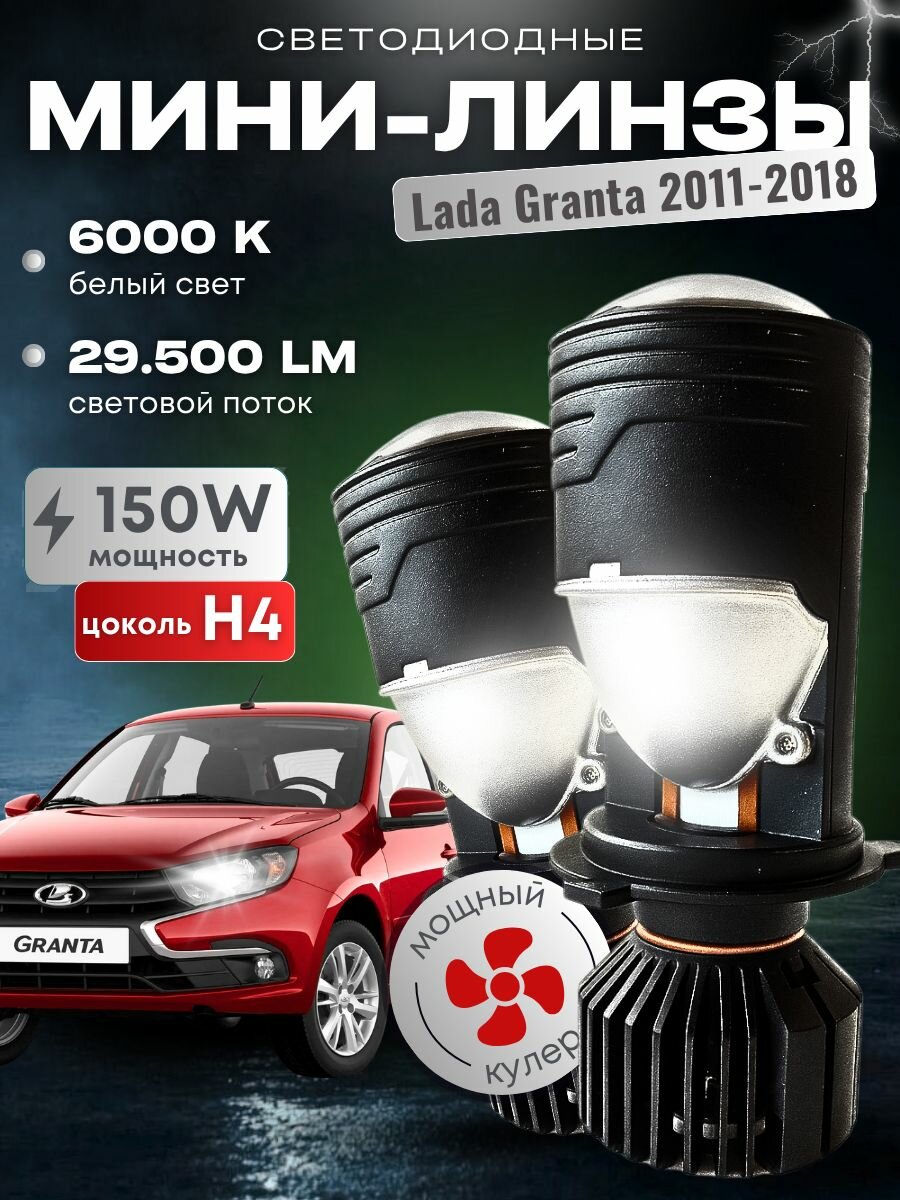 Светодиодные мини линзы H4 LED в фары Lada Granta 2011-2025 г. в, Н4 лед лампы c линзой H4 для Лада Гранта