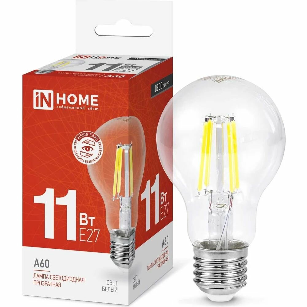 Светодиодная лампа IN HOME LED-A60-deco 11Вт 230В Е27 4000К 1160Лм прозрачная 4690612026145