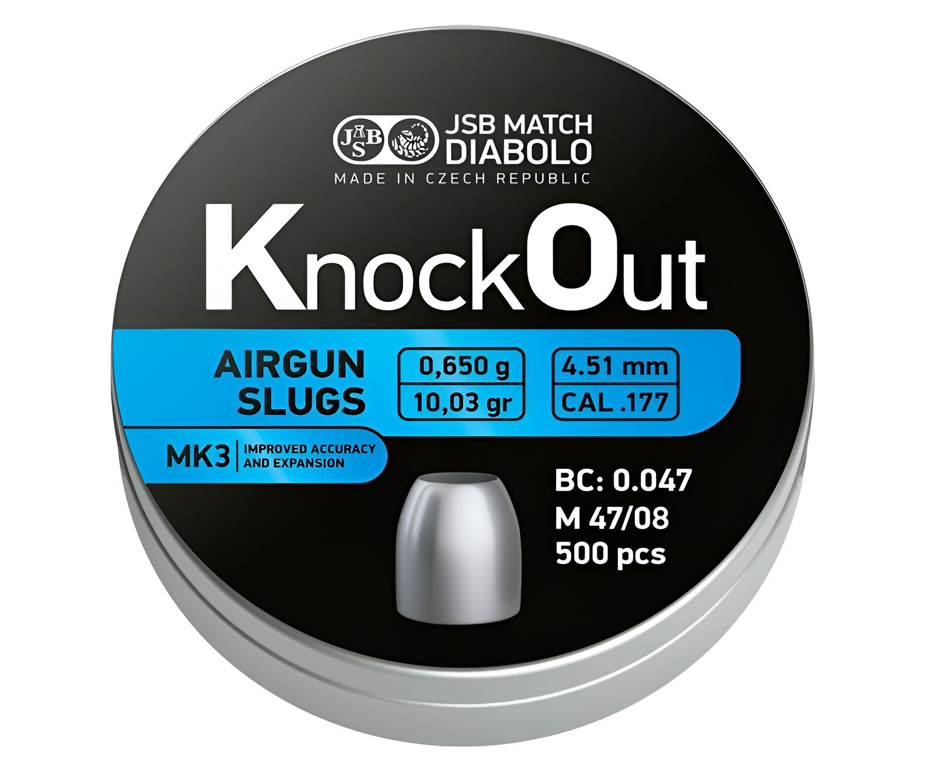 Пули полнотелые JSB KnockOut Slugs MK III, для пневматики, 4,5 мм, 0,65 гр, 500 шт.