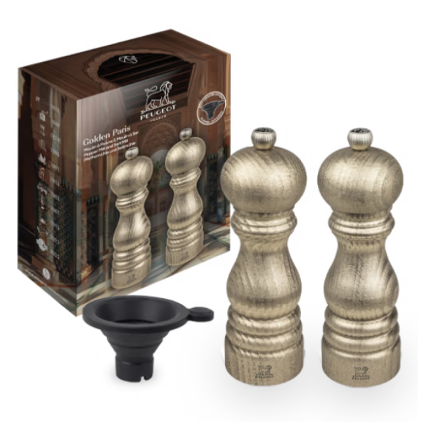 Набор мельниц для соли и перца "Золотой Париж", высота 18 см, дерево, цвет золотистый, Peugeot, Франция, 48006