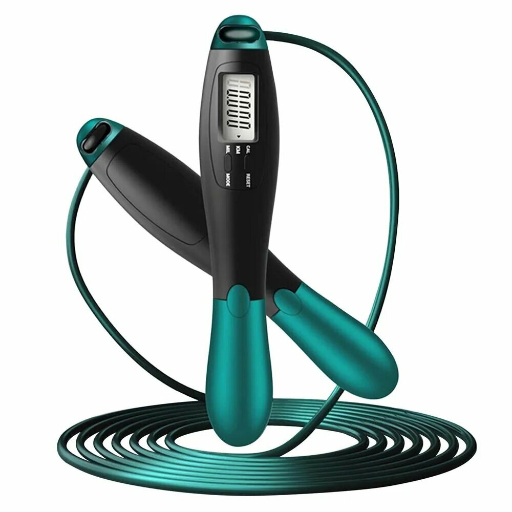 Умная скакалка с утяжелением, стальной трос, счетчик, большие шарики, черно-синий цвет