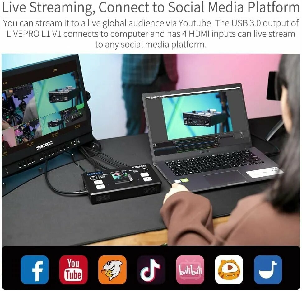 FEELWORLD LIVEPRO L1 V1 многокамерный видеомиксер коммутатор ЖК-экран 4 HDMI ввод USB3.0 Живой поток
