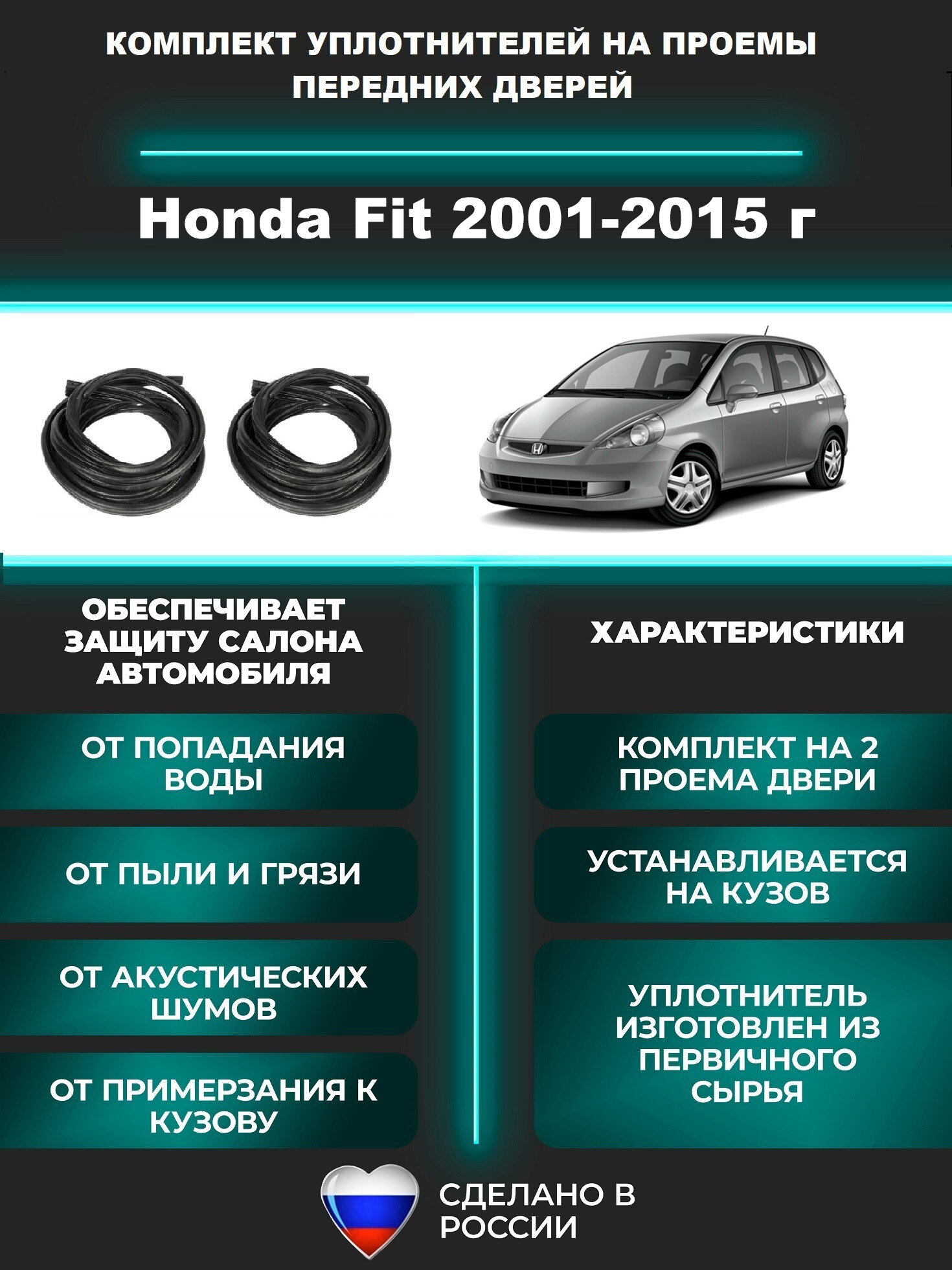 Комплект уплотнителей проема передних дверей, подходит на Honda Fit 2001-2015 г, Хонда Фит - 2 шт
