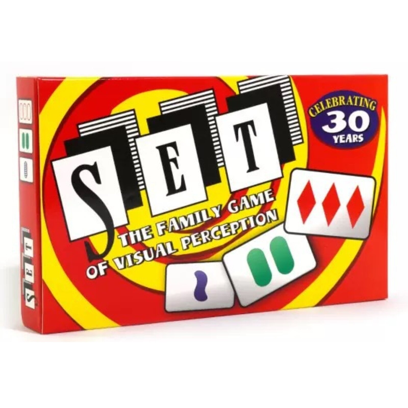 Карточная игра-퍼�л с формами овальная, ромбовидная, волнообразная; цветами красный, зеленый, фиолетовый; количеством 1, 2, 3; заполнением пустым, полосатым, сплошным для проверки навыков наблюдения и скорости реакции