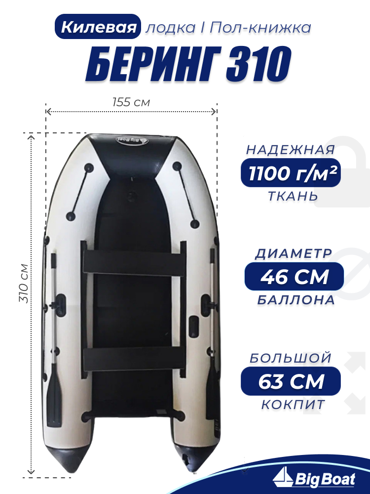 Надувная, под мотор, килевая лодка из ПВХ для рыбалки Bering (Беринг)310К пол-книжка