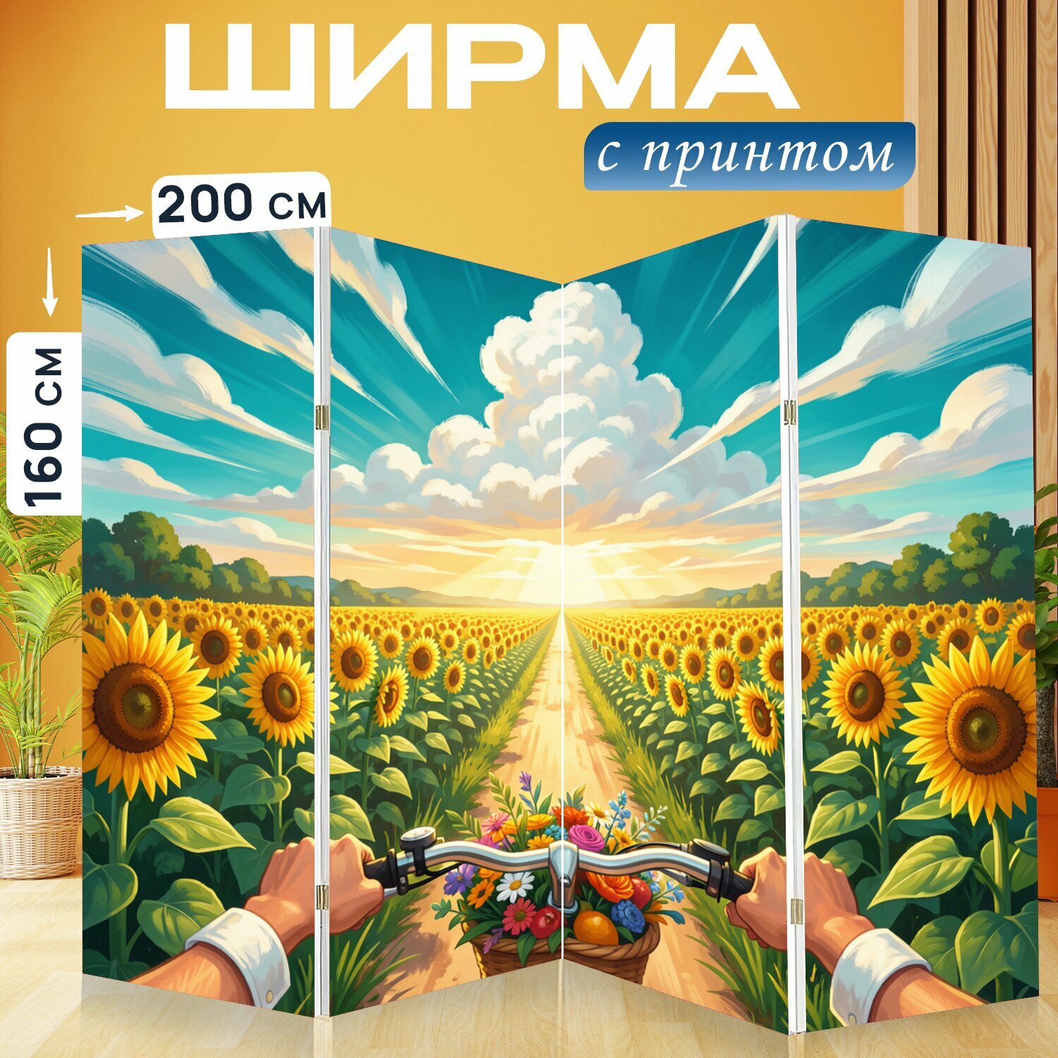 Ширма "Велопоездка среди жёлтых цветов. Вид от первого лица: руки на руле, корзина с букетом и фруктами." перегородка для зонирования комнаты с принтом 200x160 см. на холсте