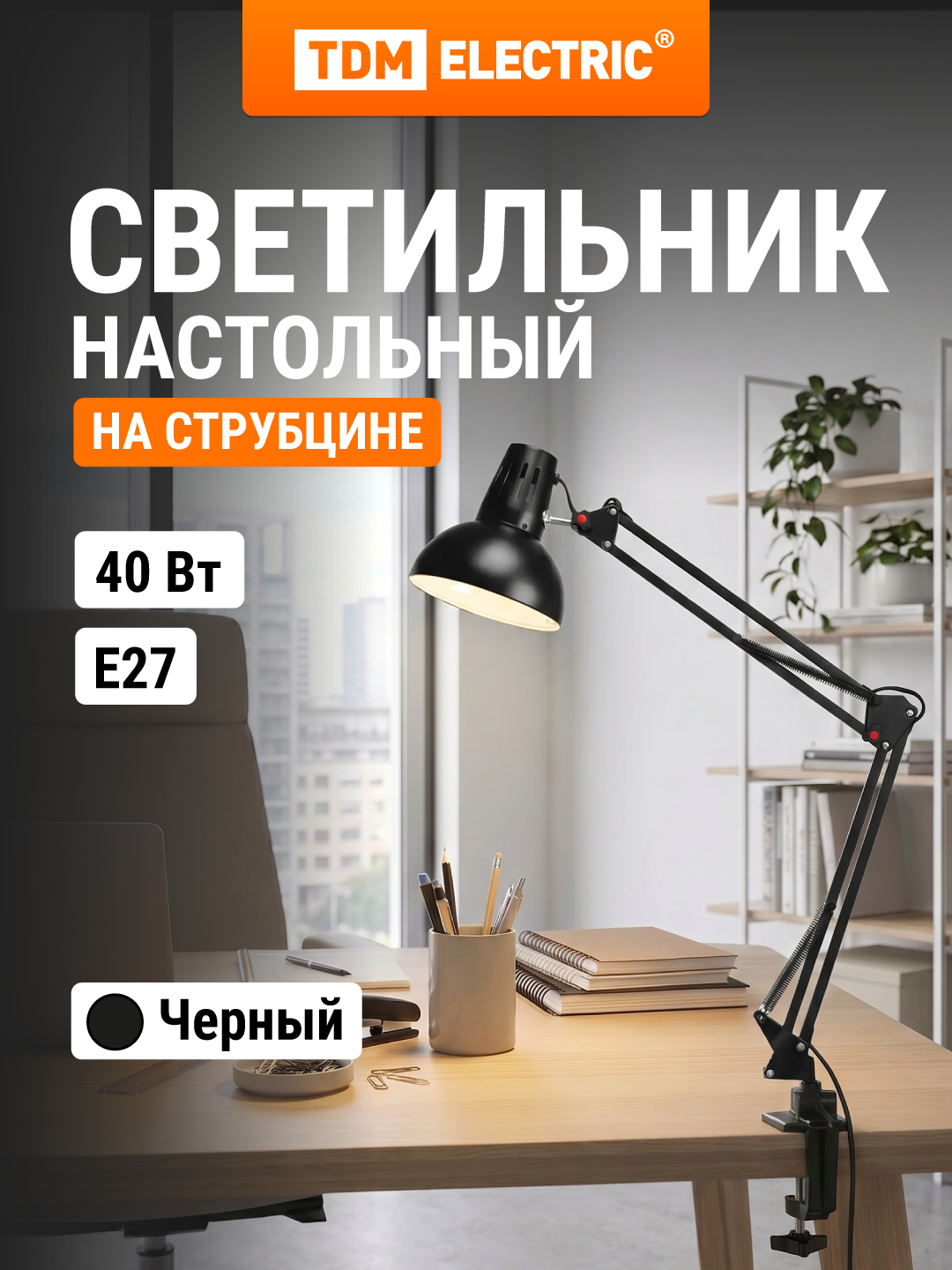 Светильник струбцина 220В, 40Вт, E27 черный глянец TDM