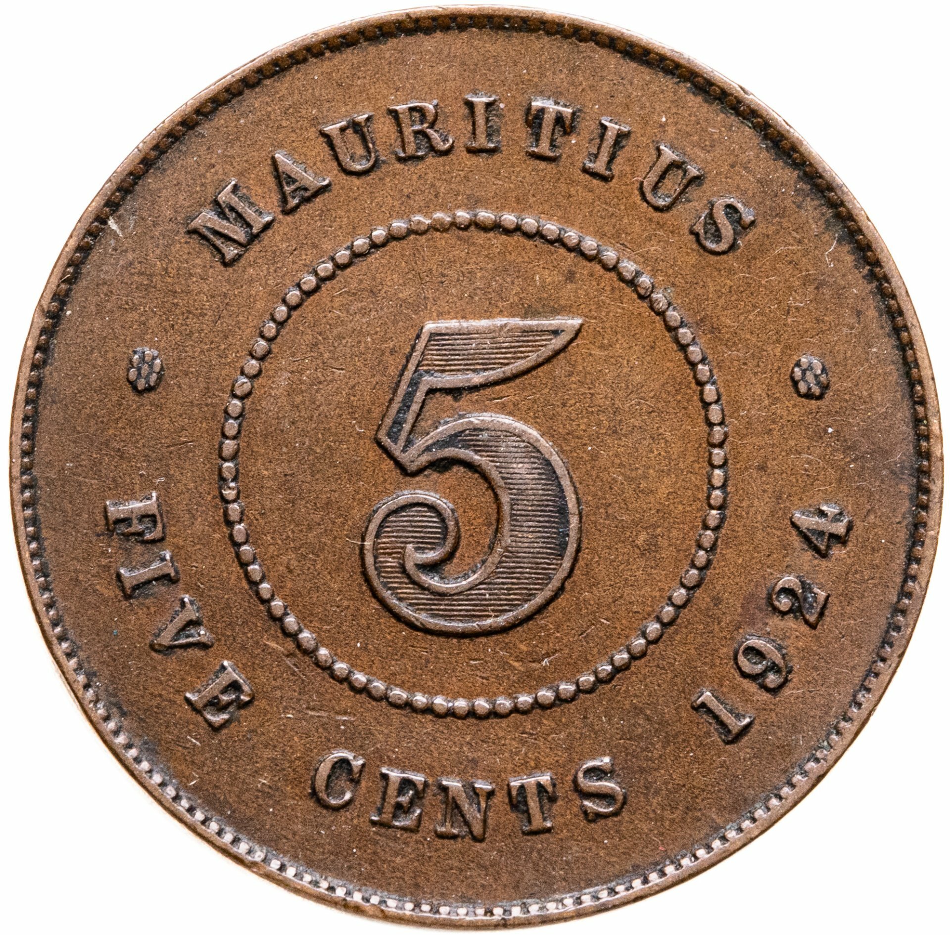Маврикий 5 центов cents 1924, Бронза, в сохранности XF
