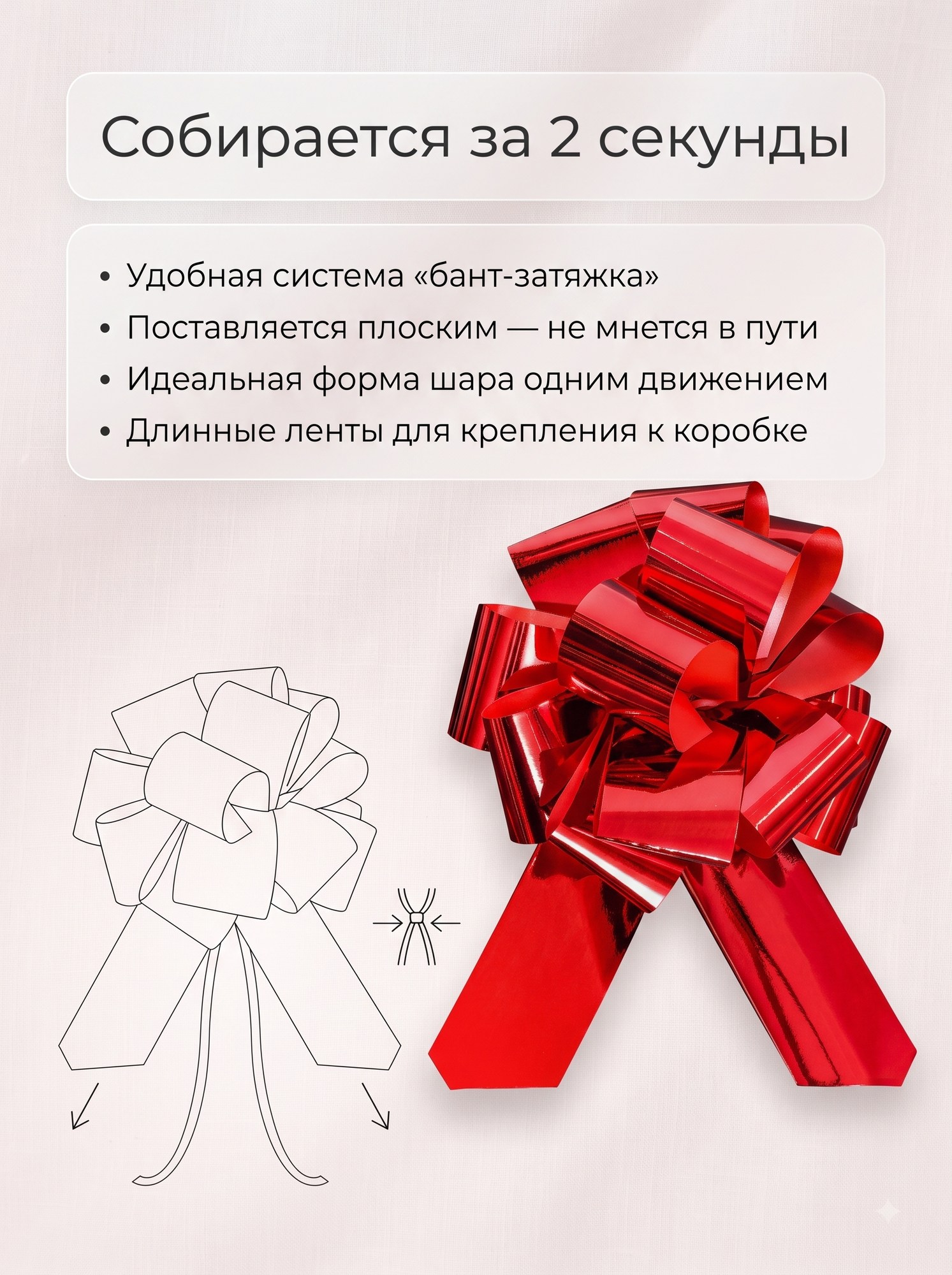 Бант подарочный «Шар» (затяжной), красный глянцевый, из ленты 5 см, для упаковки подарков — фото 1
