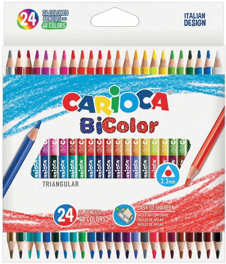 Карандаши двусторонние CARIOCA "Bi-color", 24 штуки, 48 цветов, трехгранные, грифель 3 мм, натуральное дерево, 43031, 181704