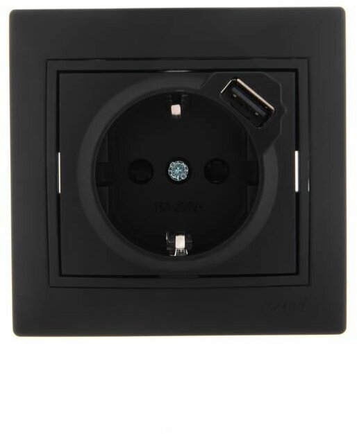 Розетка 1-м СП Mira 16А с заземл. + USB разъем черн. бархат LEZARD 701-4242-181